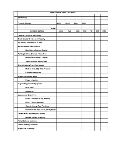 Daily Checklist Template Excel