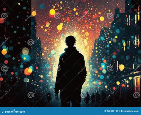 A Street Artist Silhouetted Against A Street Full Of Flashing Lights
