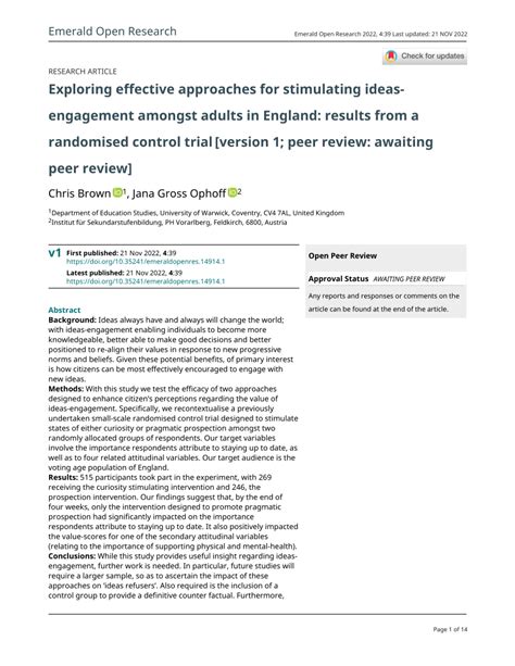 Pdf Exploring Effective Approaches For Stimulating Ideas Engagement Amongst Adults In England