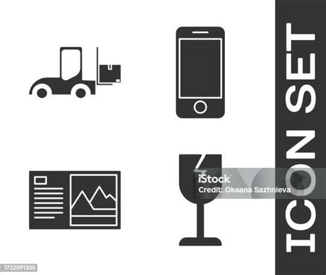 깨지기 쉬운 깨진 유리 기호 지게차 엽서 및 휴대폰을 앱 배달 추적 아이콘으로 설정합니다 벡터 Brand Name Smart