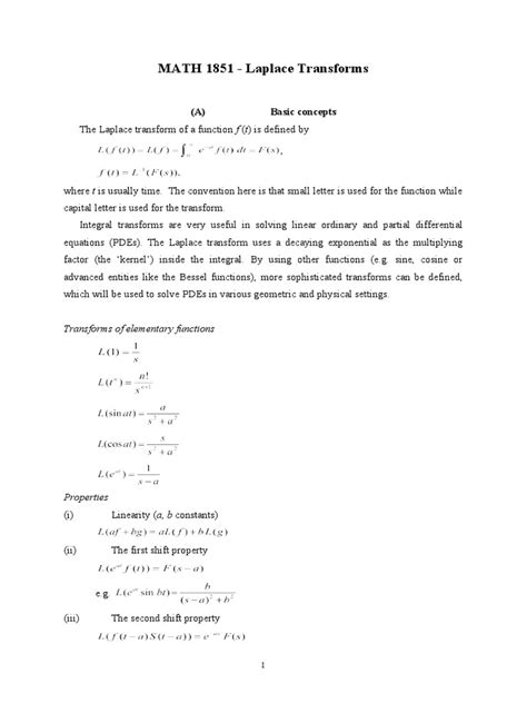 Math 1851 Laplace Transforms A Basic Concepts Pdf Ordinary