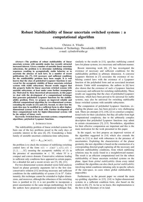Pdf Robust Stabilizability Of Linear Uncertain Switched Systems A
