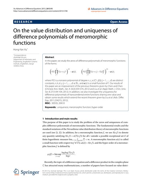 Pdf On The Value Distribution And Uniqueness Of Difference Polynomials Of Meromorphic Functions