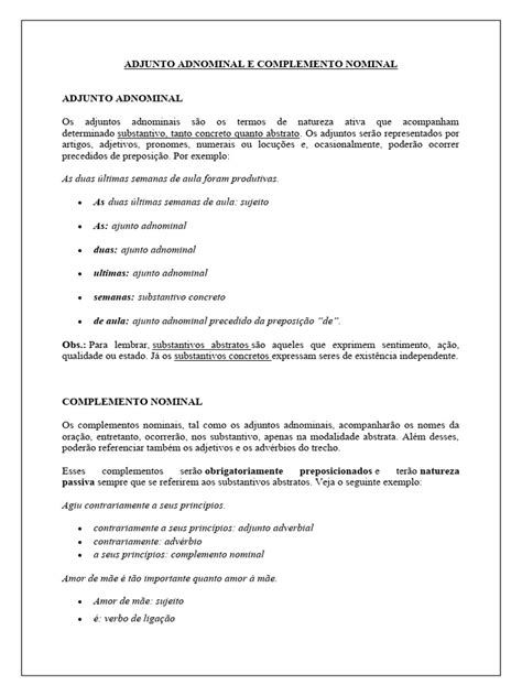 Adjunto Adnominal X Complemento Nominal Pdf Substantivo Assunto
