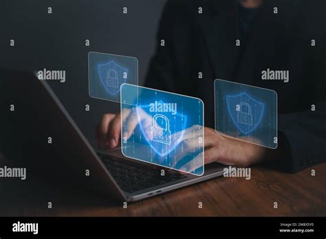 Businessman Use Laptop Password Protected Cyber Security Identity Data In Cloud Network System