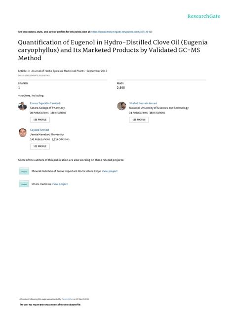 Quantification Of Eugenol In Hydro Distilled Clove Oil Eugenia Caryophyllus And Its Marketed