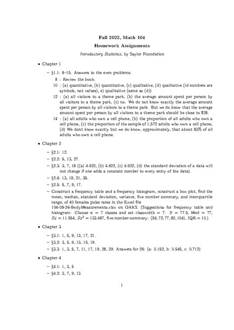 104homework Fall 2022 Math 104 Homework Assignments Introductory Statistics By Saylor