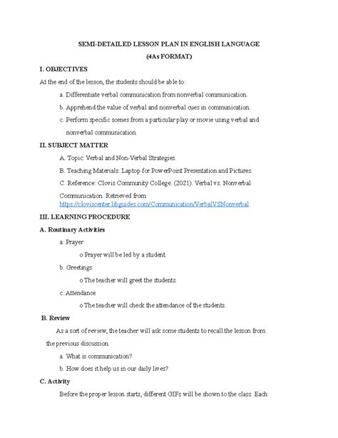 4a Lesson Plan Semi Detailed Lesson Plan In English Language 4as
