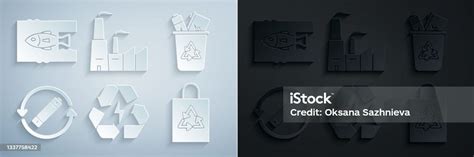 재활용 기호 휴지통 라인 비닐 봉지 공장 및 바다 플라스틱 오염 방지 아이콘으로 배터리를 설정합니다 벡터 3차원 형태에 대한 스톡 벡터 아트 및 기타 이미지 Istock