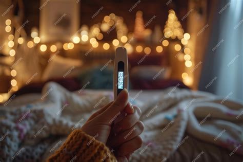 Premium Photo Hand Holding Digital Thermometer In Cozy Bedroom High Temperature Indication