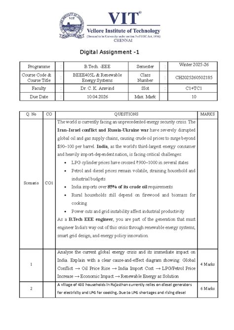 Digital Assignment 1 Renewable Energy Systems Analysis Btech