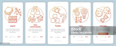 선형 개념으로 방 빨간색 그라데이션 온보딩 모바일 앱 페이지 화면을 탈출 퀘스트 게임 팀 커뮤니케이션 연습 단계 그래픽 지침입니다 Ux Ui 그림이 있는 Gui 벡터 템플릿