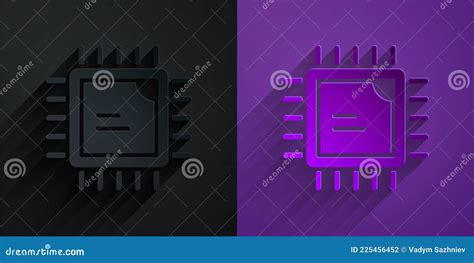 Paper Cut Computer Processor With Microcircuits CPU Icon Isolated On Black On Purple Background