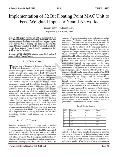 Implementation Of 32 Bit Floating Point Mac Unit To Feed Weighted Inputs To Neural Networks