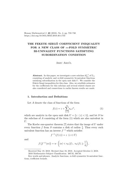 Pdf The Fekete Szego Coefficient Inequality For A New Class Of M Fold Symmetric Bi Univalent