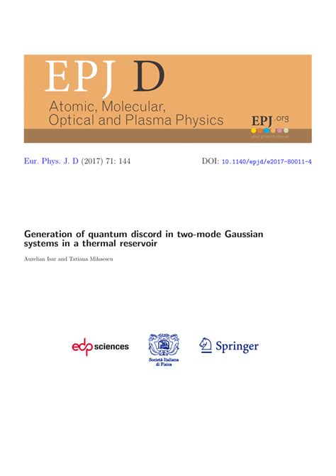 Pdf Generation Of Quantum Discord In Two Mode Gaussian Systems In A Thermal Reservoir