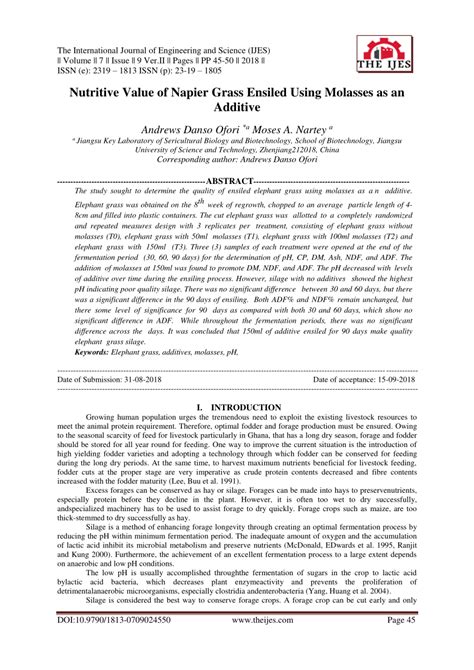 Pdf Nutritive Value Of Napier Grass Ensiled Using Molasses As An Additive