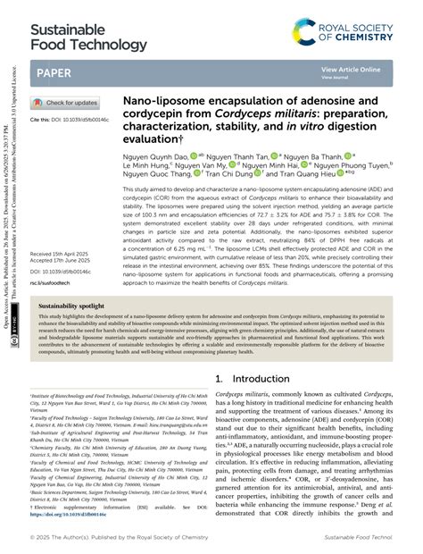 Pdf Nano Liposome Encapsulation Of Adenosine And Cordycepin From