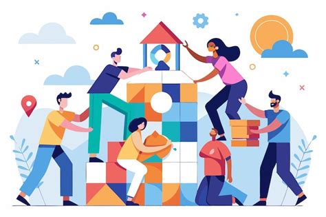 Teamwork Building Geometric Shapes In Collaboration Premium Ai Generated Image