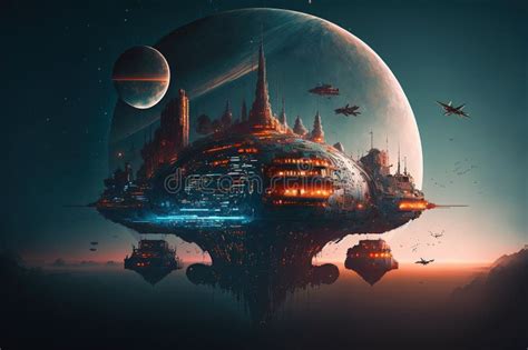 Sci Fi Fantasy Floating City In The Vastness Space Stock Illustration Illustration Of Flying