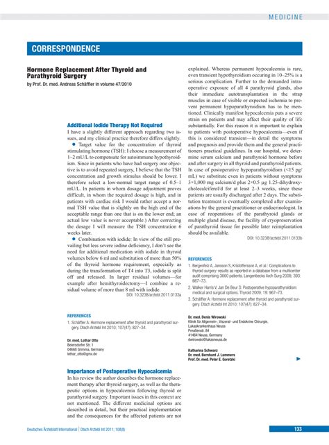Pdf Hormone Replacement After Thyroid And Parathyroid Surgery