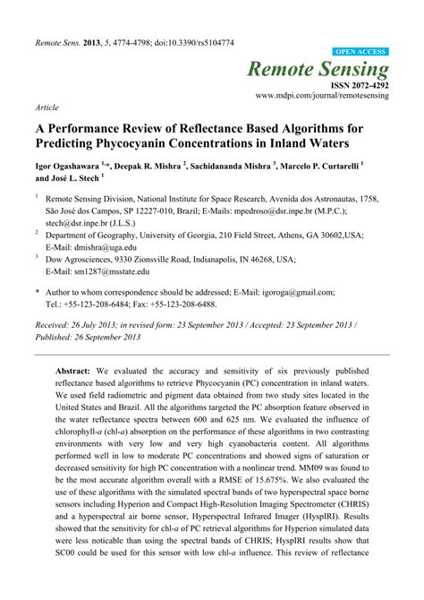 Pdf A Performance Review Of Reflectance Based Algorithms For Predicting Phycocyanin