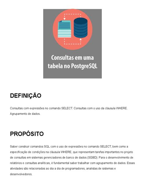 Tema 5 Consultas Em Uma Tabela No Postgresql Pdf Sql Postgre Sql