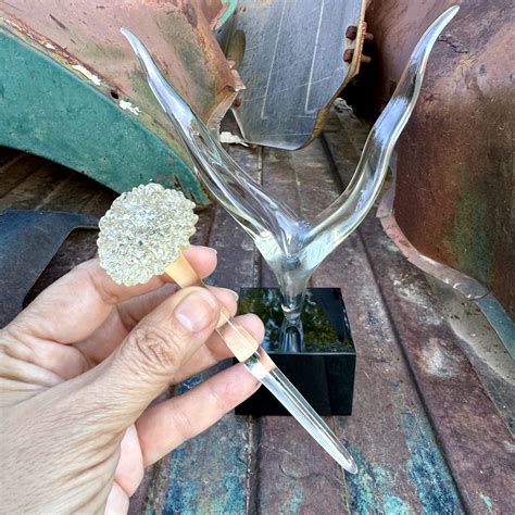 1978 Signed Guyol Sculpture Of Glass Flower On Black Stand Discolored Clear Color Three Pieces