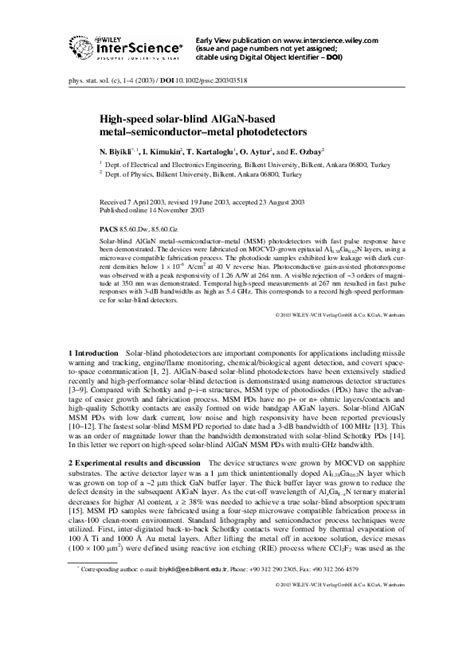 Pdf High Speed Solar Blind Algan Based Metalsemiconductormetal Photodetectors
