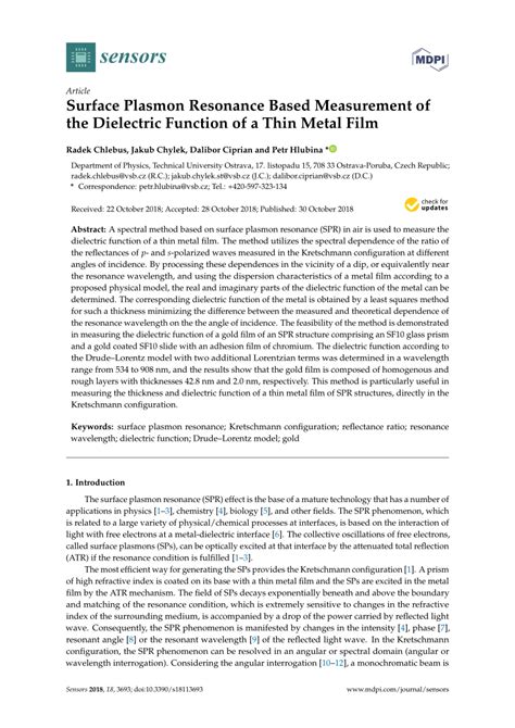 Pdf Surface Plasmon Resonance Based Measurement Of The Dielectric Function Of A Thin Metal Film
