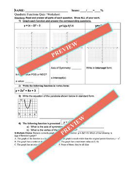 Algebra 1 QUADRATIC Functions Worksheet Graphing Equations Vertex