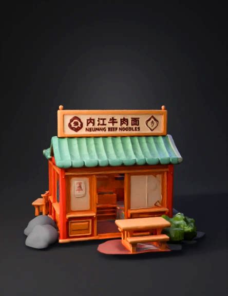 3d Model Small Pastel Noodle Shop With Teal Roof Wooden Exterior