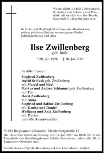 Traueranzeigen Von Ilse Zwillenberg Trauer In Nrw De