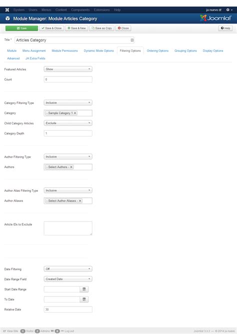 Configuring Joomla Extensions In Ja Nuevo Joomlart