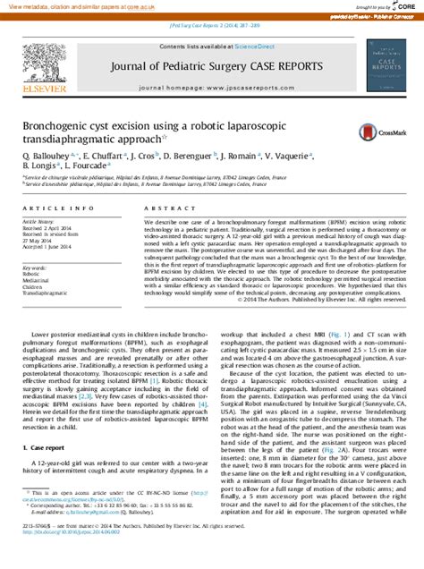 Pdf Bronchogenic Cyst Excision Using A Robotic Laparoscopic Transdiaphragmatic Approach