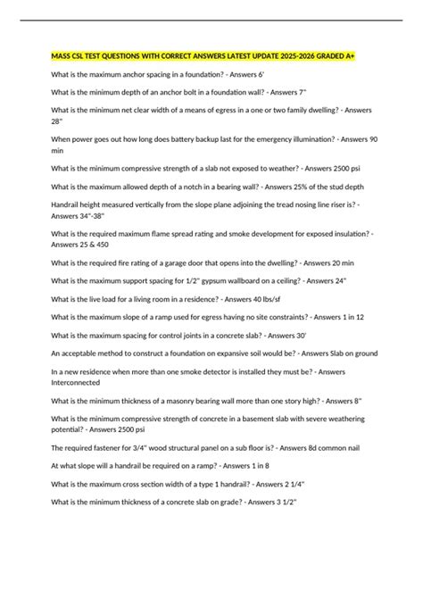 Mass Csl Test Questions With Correct Answers Latest Update Graded A