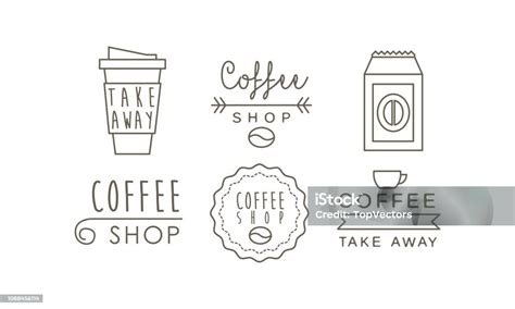 커피숍 선 아이콘 세트 테이크 아웃 커피 컵 레이블 및 배지는 흰색 바탕에 그림을 벡터 0명에 대한 스톡 벡터 아트 및 기타 이미지 0명 날씬한 라벨 Istock