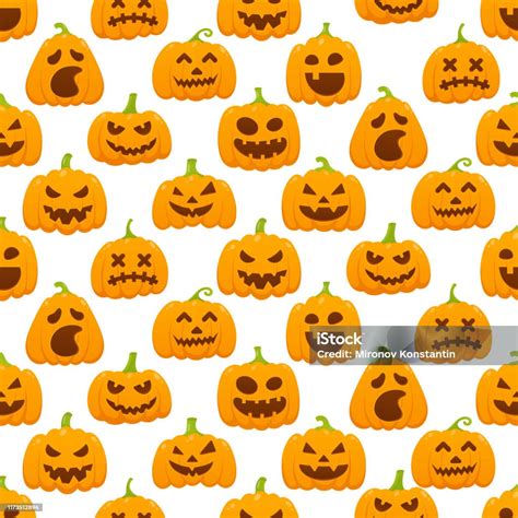 무서운 얼굴 공포 와 오렌지 할로윈 패턴 원활한 패턴은 흰색 배경에 고립 된 평면 스타일의 디자인 벡터 일러스트레이션 10월에 대한 스톡 벡터 아트 및 기타 이미지 Istock