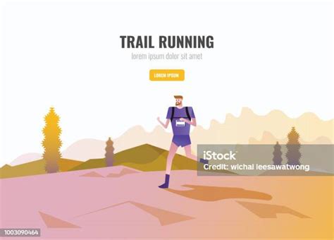 산에서 실행 하는 사람의 러너의 흔적 아름 다운 풍경 배경입니다 벡터 일러스트 레이 션 건강한 생활방식에 대한 스톡 벡터 아트 및 기타 이미지 건강한 생활방식 나무