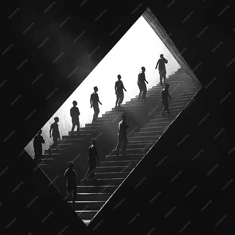 Black And White Graphic Design Of Several Small Human Figures Dancing On The Stairs Inside An