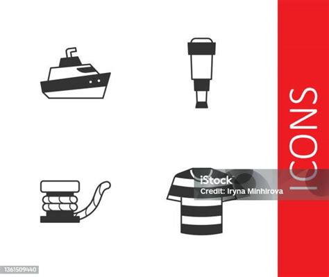 스트라이프 세일러 티셔츠 스피드보트 해병 볼라드 로프 스파이글래스 망원경 렌즈 아이콘을 매치하세요 벡터 계류에 대한 스톡 벡터
