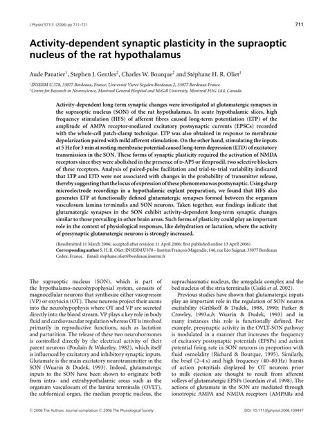 Pdf Activity Dependent Synaptic Plasticity In The Supraoptic Nucleus Of The Rat Hypothalamus