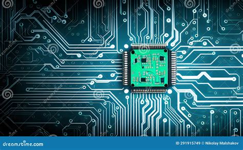 The Tiny Microchip Is Meticulously Placed On The Vibrant Green Circuit