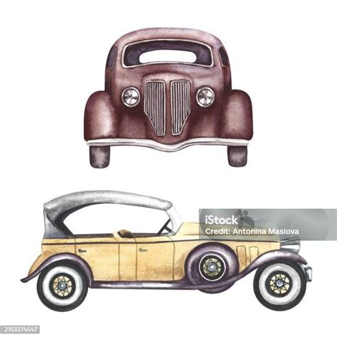 황토색과 진한 빨간색의 빈티지 복고풍 자동차 수채화 삽화 세트는 손으로 단독으로 만들어집니다 전면 및 측면 View 배너 전단지 포스터용 인쇄물 스티커 엽서용 0명에 대한