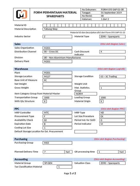 Form Sys Sap 01 08 Form Material Spareparts Tabung Skep Ttd Pdf