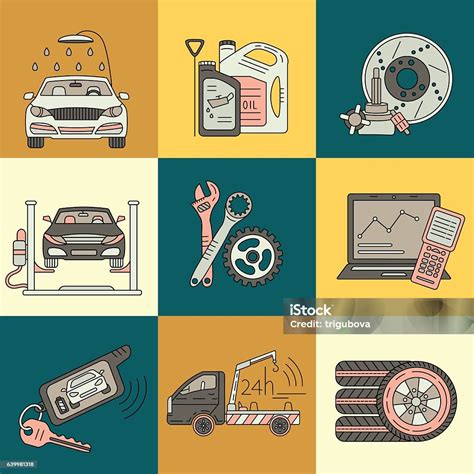 Vektor Dünne Linie Piktogramm Symbole Des Autoservice Stock Vektor Art