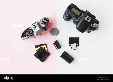 Digital Vs Analog SLR Camera With Slides Memory Cards Mm Negative Film Stock Photo Alamy
