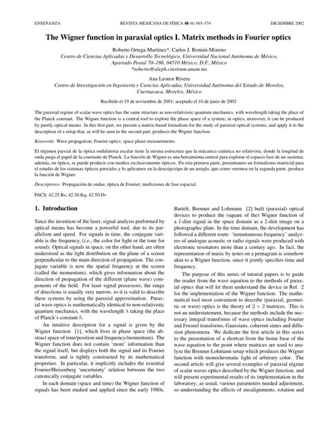 Pdf The Wigner Function In Paraxial Optics I Matrix Methods In