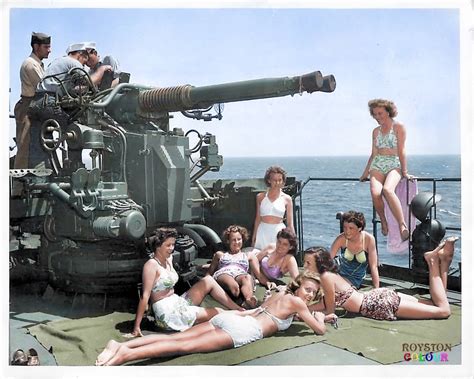 A Group Of U S Army Nurses Sunbathe Beside A Mm Anti Aircraft Gun And Its Crew Aboard A Coast