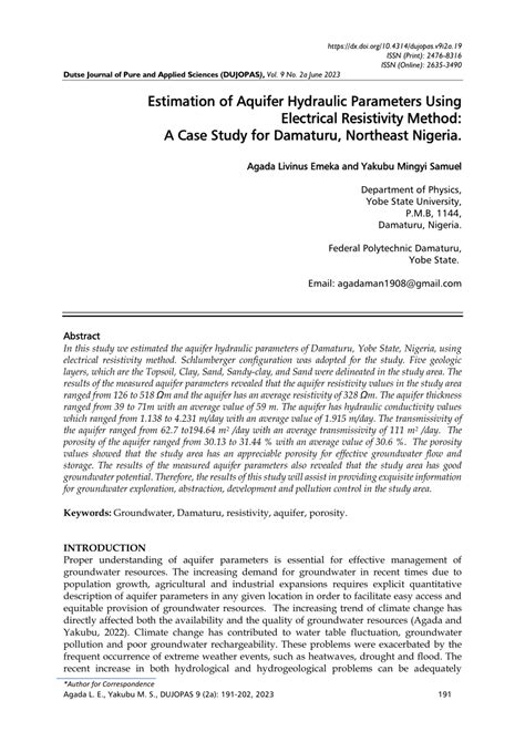 Pdf Estimation Of Aquifer Hydraulic Parameters Using Electrical